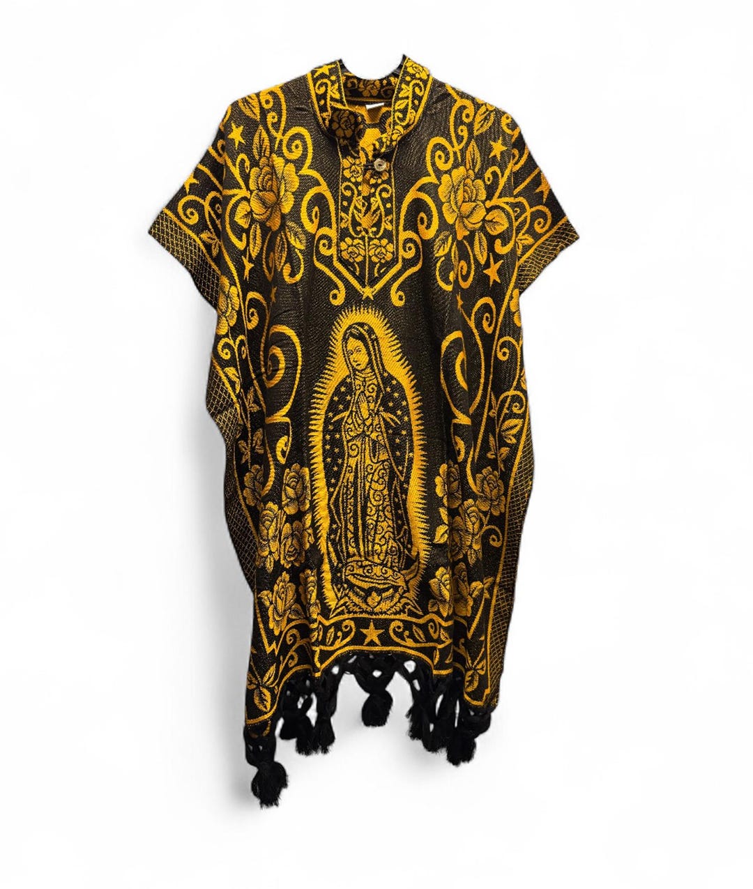 Our Lady of Guadalupe Virgin Mary Black and Gold Poncho Wrap Shawl Cape ...