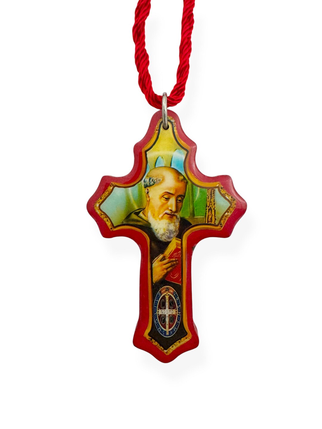 St. Benedict Red Wooden Cross Scapular Necklace Escapulario Collar De ...