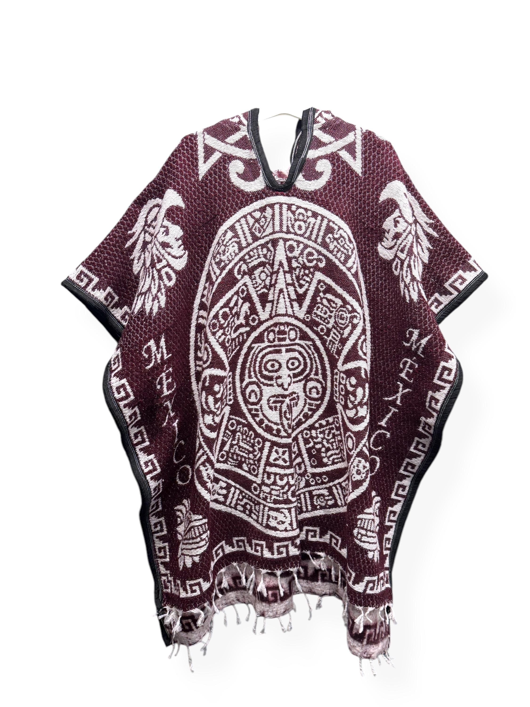 Aztec Calendar Mexican Style Poncho Red Burgundy White Two-sided Hooded ...