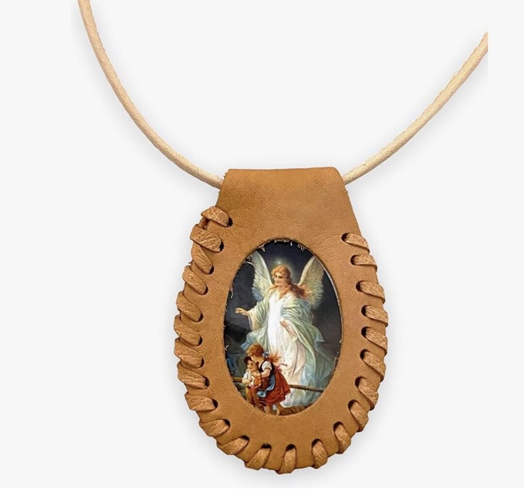Guardian Angel Brown Leather Scapular Necklace Religious Christian ...