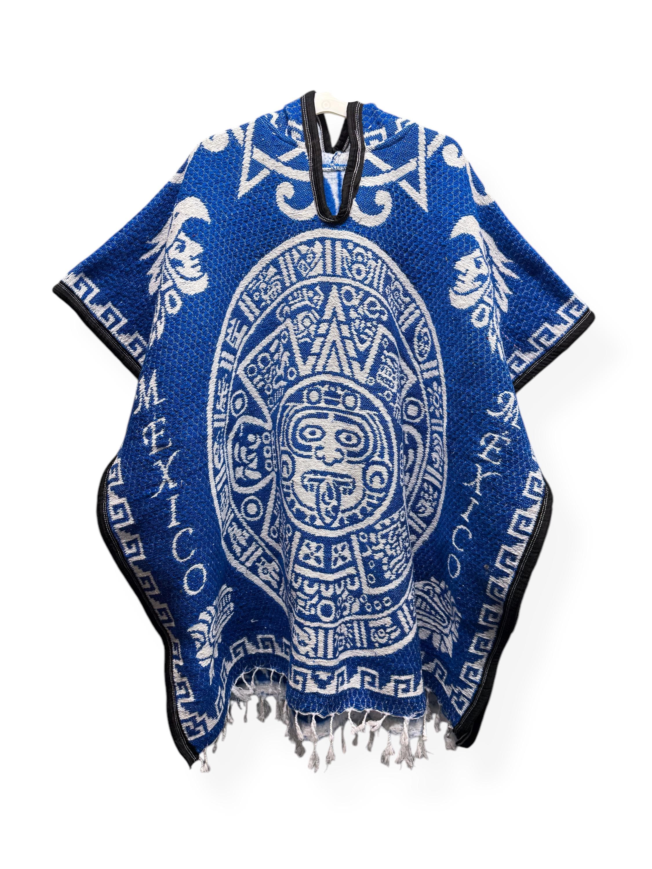 Aztec Calendar Mexican Style Poncho Blue White Two-sided Hooded Zerape ...