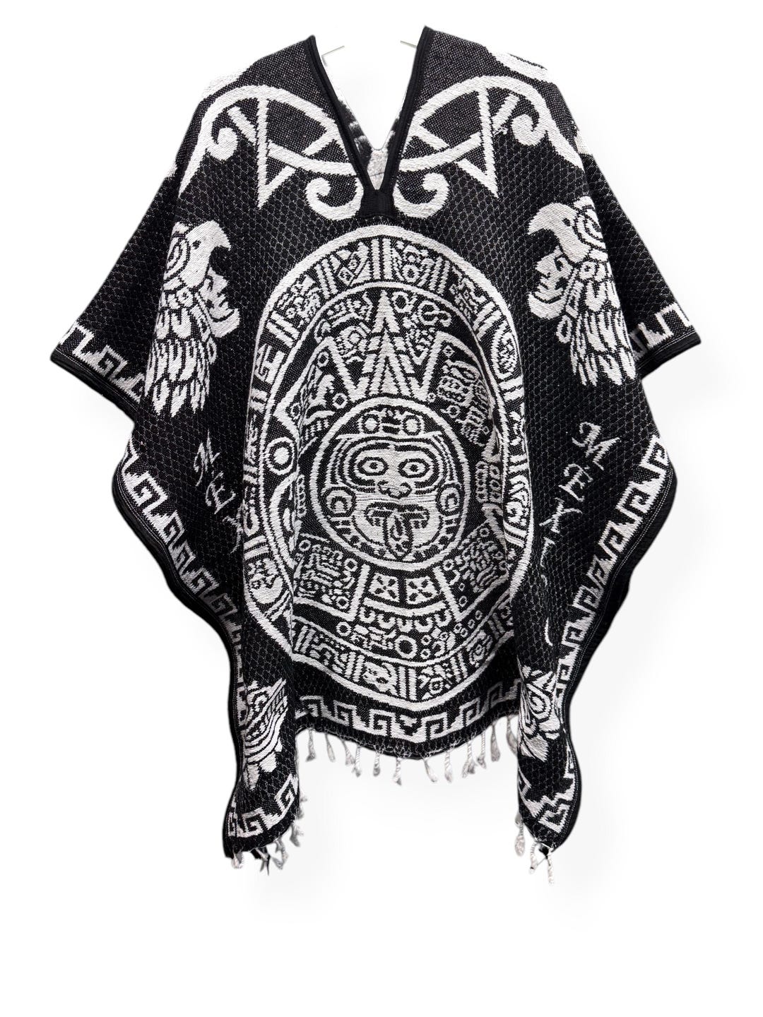 Aztec Calendar Mexican Style Poncho Black White Two-sided Zerape Gaban ...