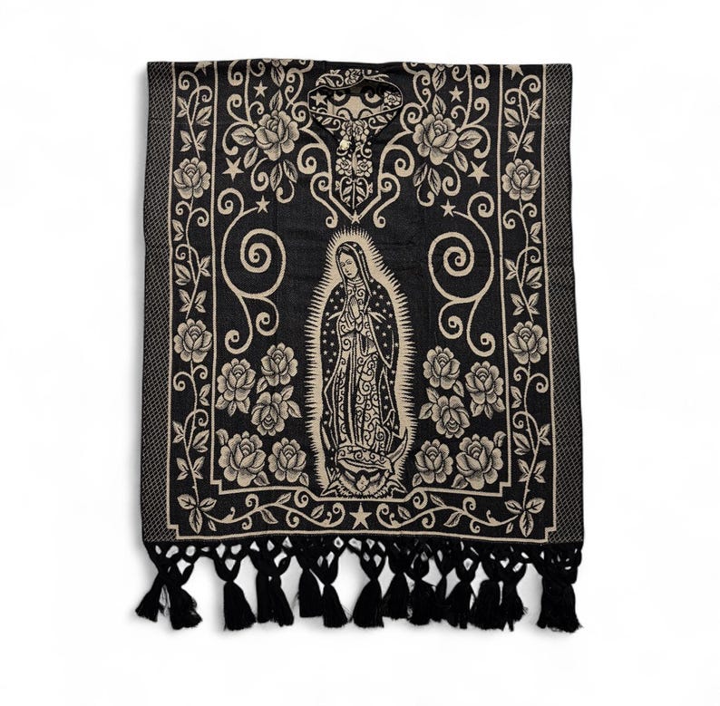 Our Lady of Guadalupe Virgin Mary Black & Brown Poncho Wrap Shawl Cape ...
