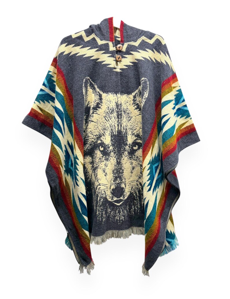 Alpaca Grey Wool Poncho With Wolf Wrap Shawl Cape Lobo Gaban Zerape ...