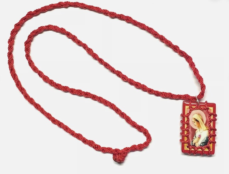 Mystical Rose Virgin Mary Red Wooden Scapular Necklace Escapulario ...