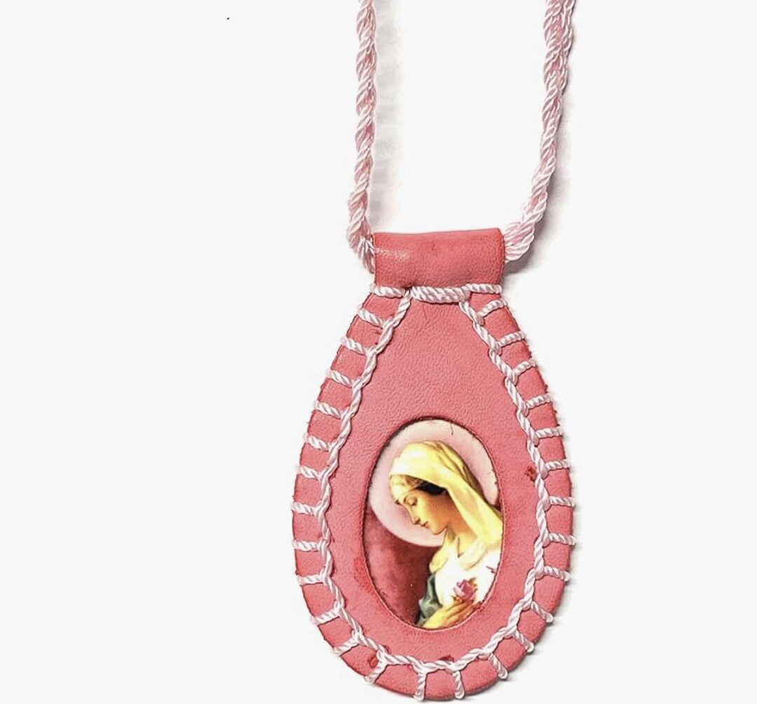Mystical Rose Virgin Mary Pink Leather Scapular Necklace Escapulario ...