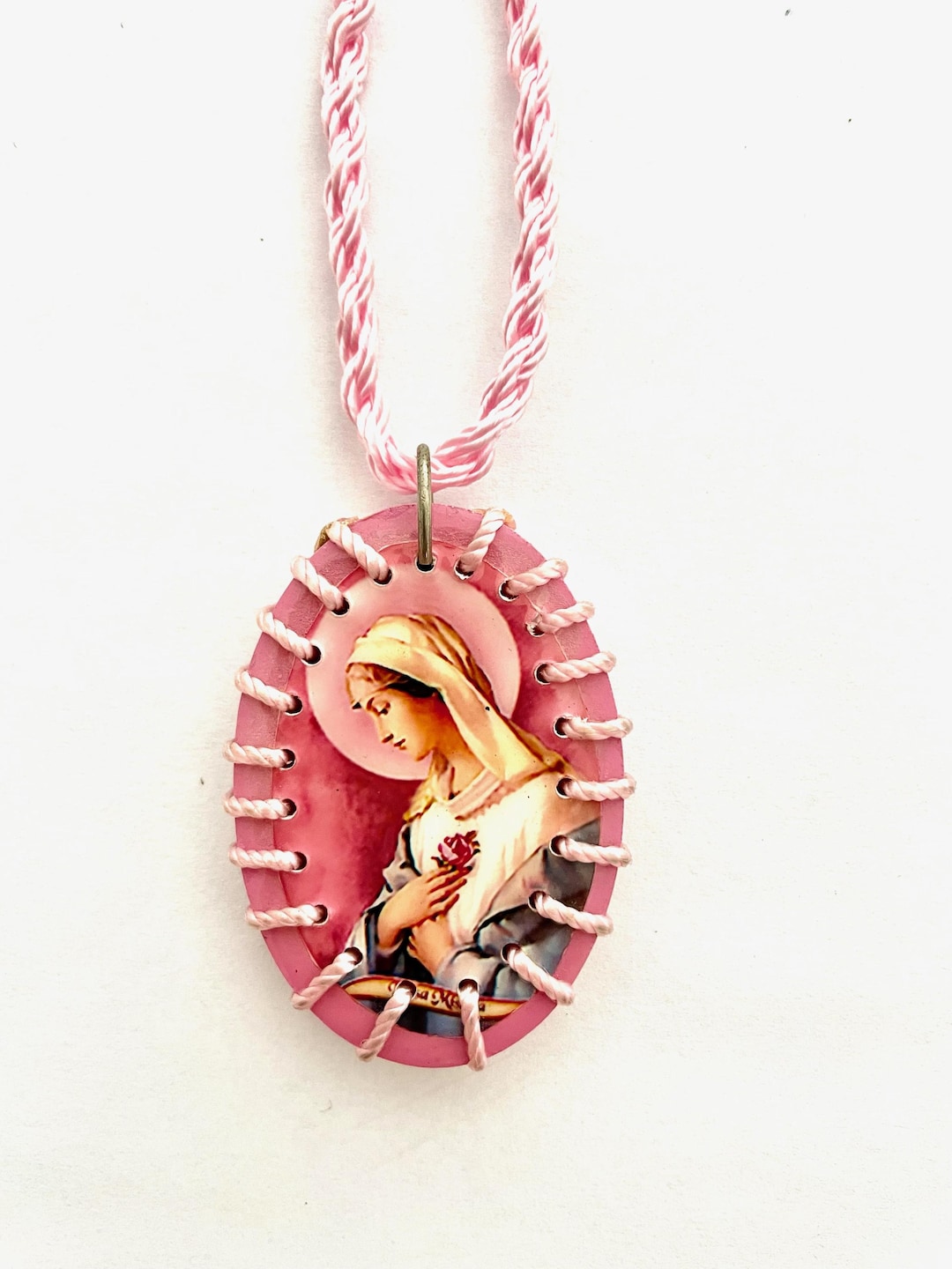 Mystical Rose Virgin Mary Pink Oval Wooden Scapular Necklace ...