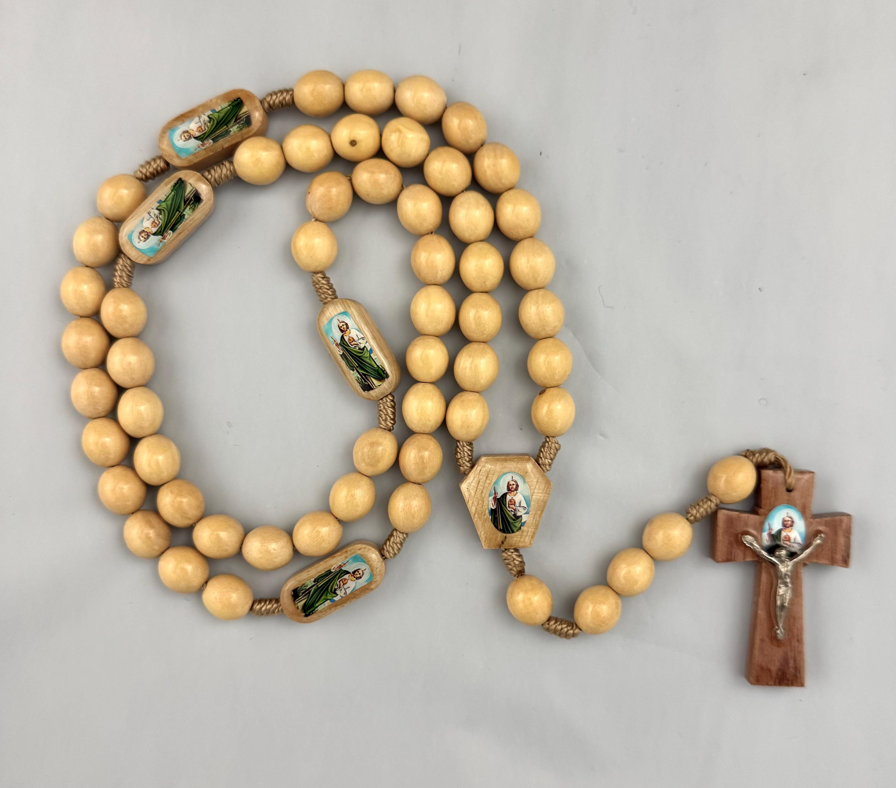 St. Jude Thaddeus Light Brown Wooden Rosary Necklace Rosario De Madera ...