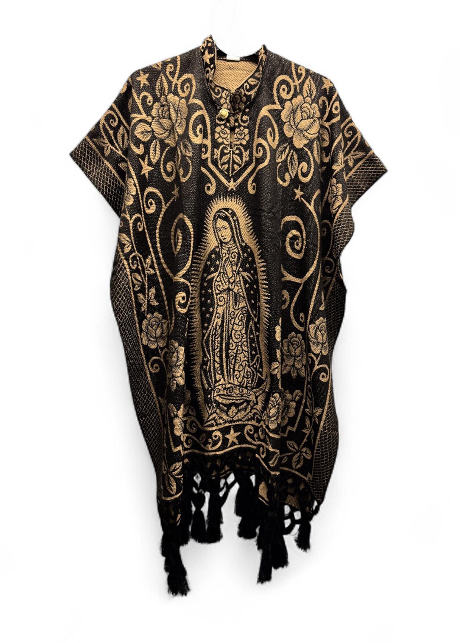 Our Lady of Guadalupe Virgin Mary Black & Brown Poncho Wrap Shawl Cape ...