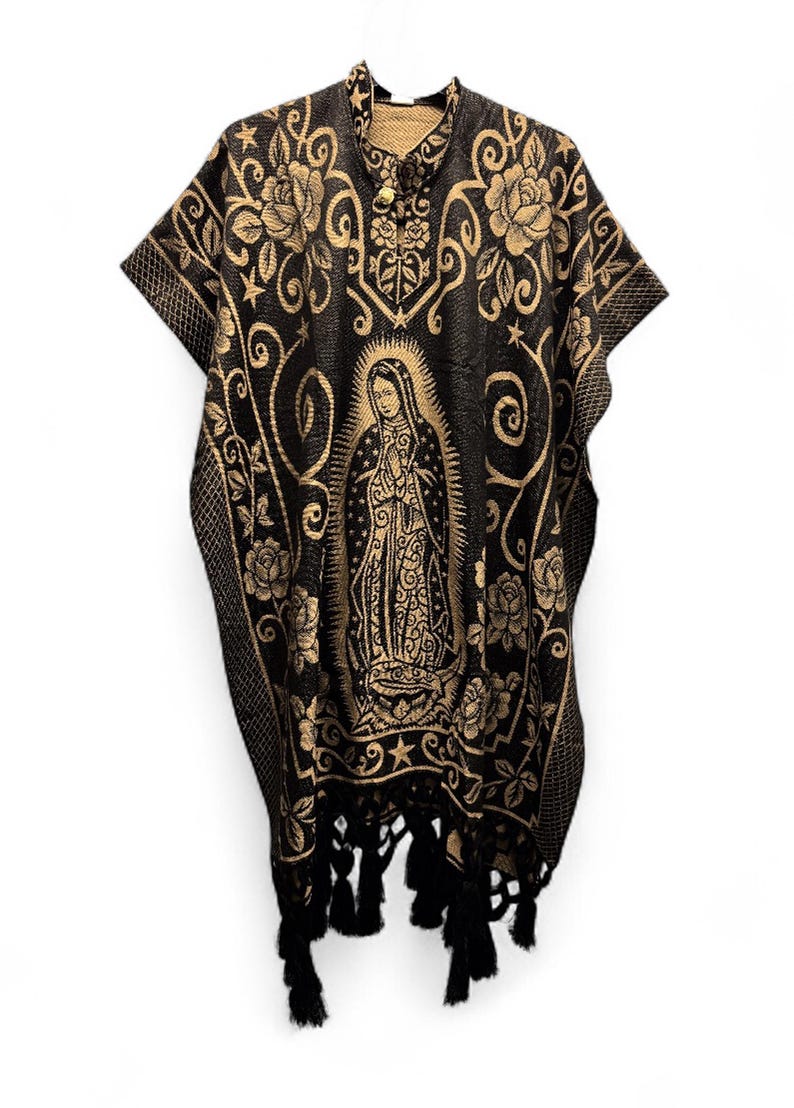 Our Lady of Guadalupe Virgin Mary Black & Brown Poncho Wrap Shawl Cape ...