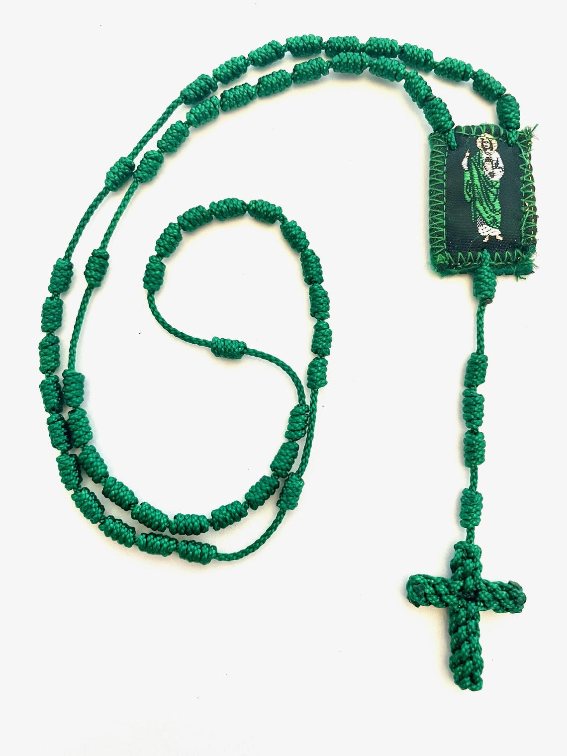 St. Jude Green Twine Knotted Braided Rosary Necklace Scapular San Judas ...