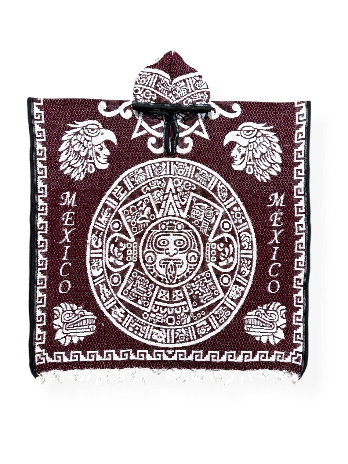 Aztec Calendar Mexican Style Poncho Red Burgundy White Two-sided Hooded ...