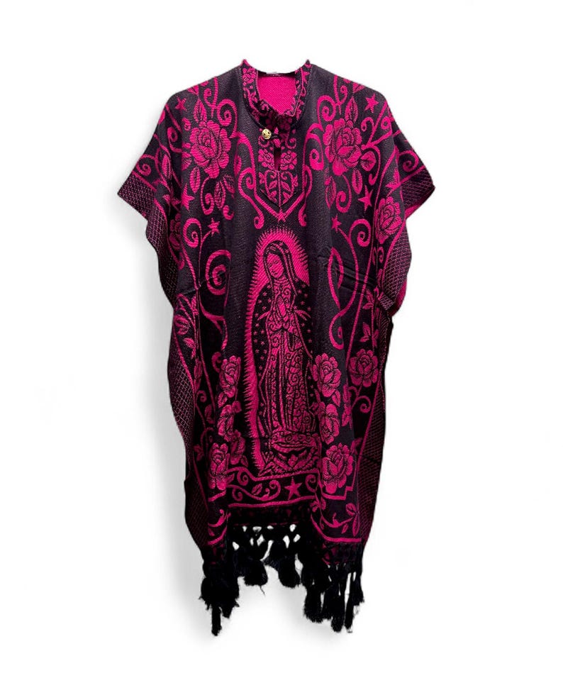 Our Lady of Guadalupe Virgin Mary Black Fuchsia Pink Poncho Wrap Shawl ...