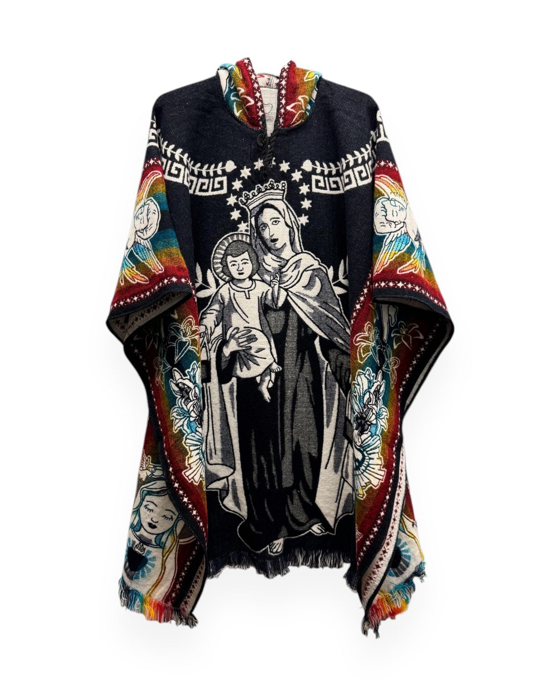 Our Lady of Mt. Carmel Virgin Mary Black Alpaca Wool Poncho Wrap Cape Gaban Zerape Hooded Unisex ...