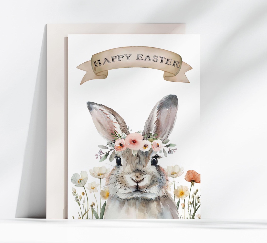 Watercolor Floral Easter Card Instant Download, Cute Bunny Happy Easter ...