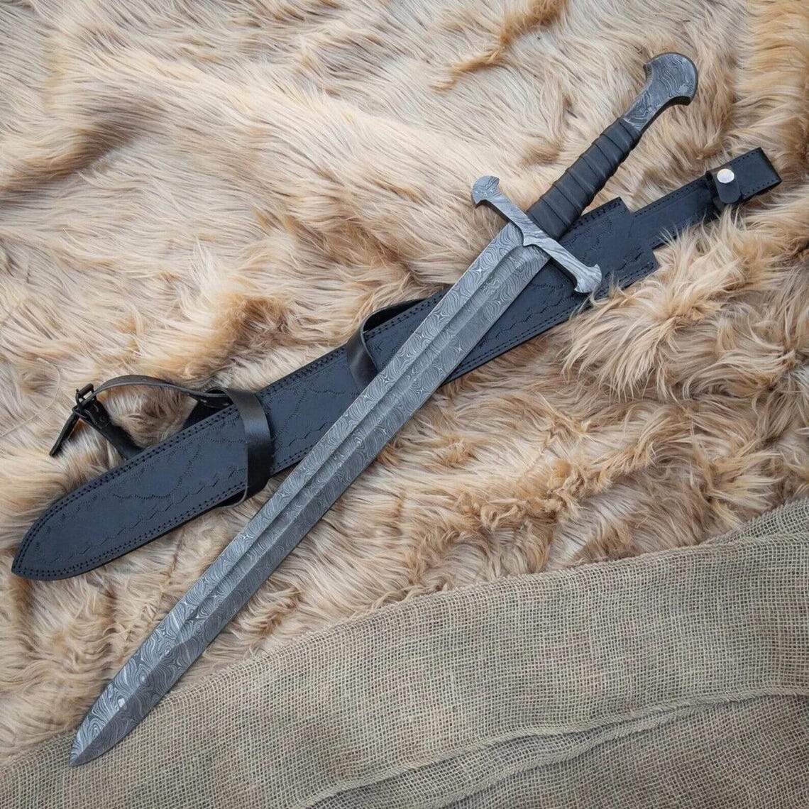 Handmade Damascus Steel Viking Sword With Leather Sheath - Etsy