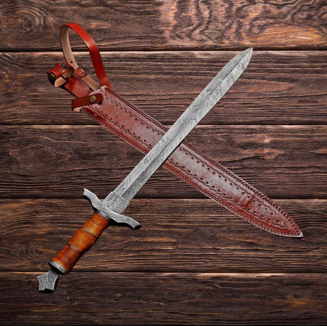 Handmade Damascus Steel Viking Sword: Rosewood Handle, Leather Sheath ...