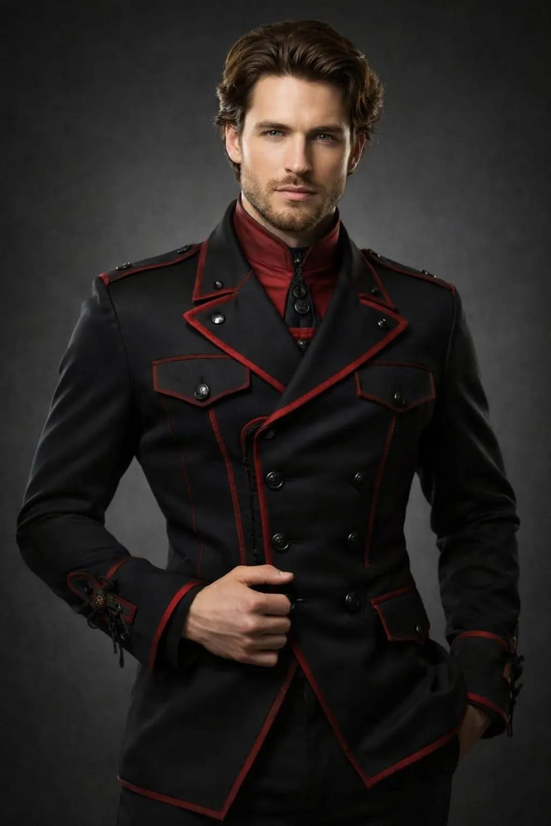 Men Gothic Military Jacket , Victorian Steampunk Coat , Black Red Trim ...