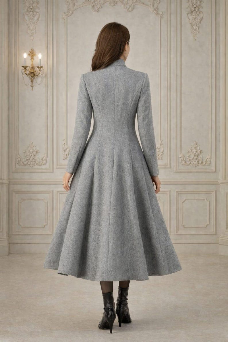 Elegant Gray Wool Coat Dress, Vintage Victorian Style Midi Frock Coat ...