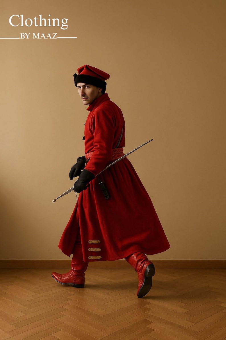Men's Red Wool Cossack Coat, Gold Braiding Uniform, Russian Costume - Etsy