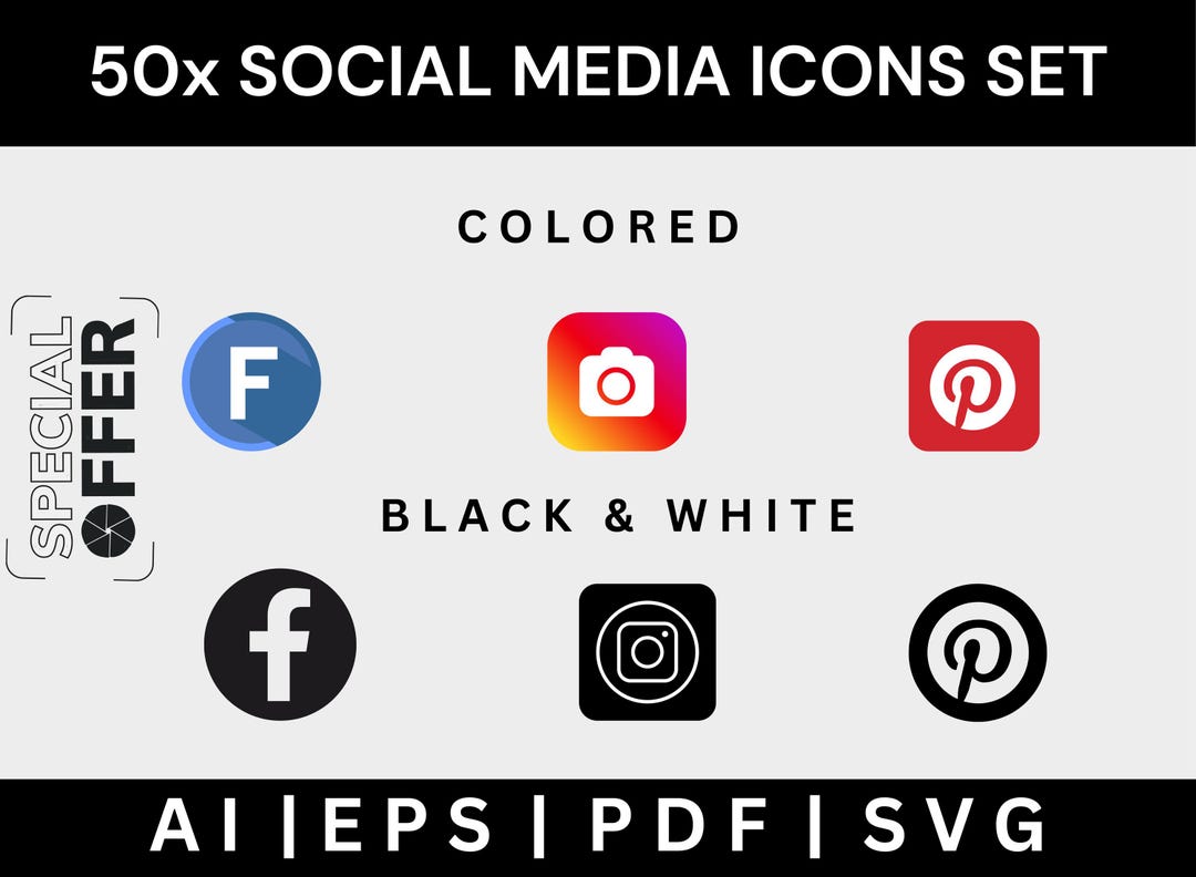 50x Social Media Icons Set | Vector and SVG Icons | Black & White Plus ...