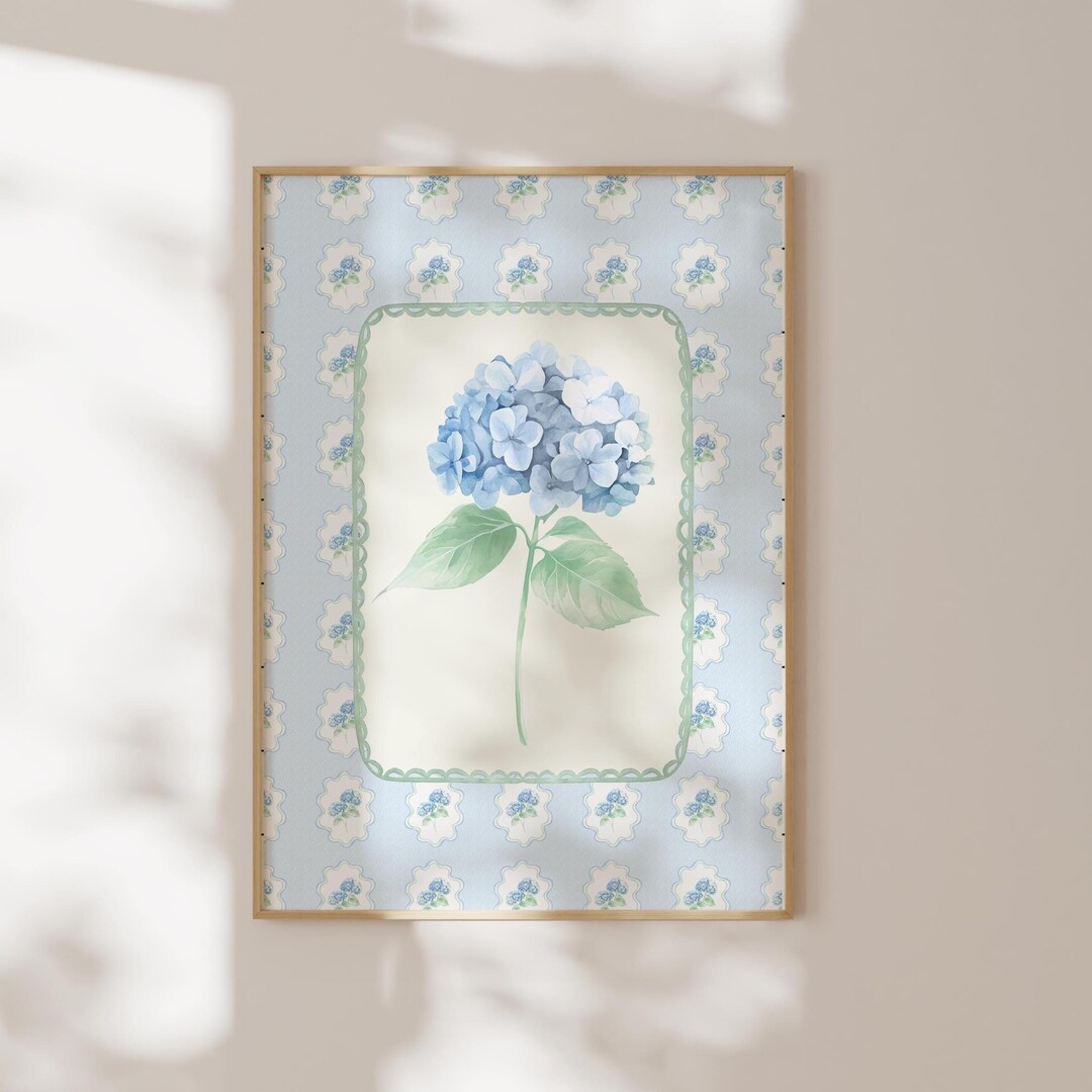Grandmillenial Prints Hydrangea Print Preppy Dorm Decor Wall Art Blue ...