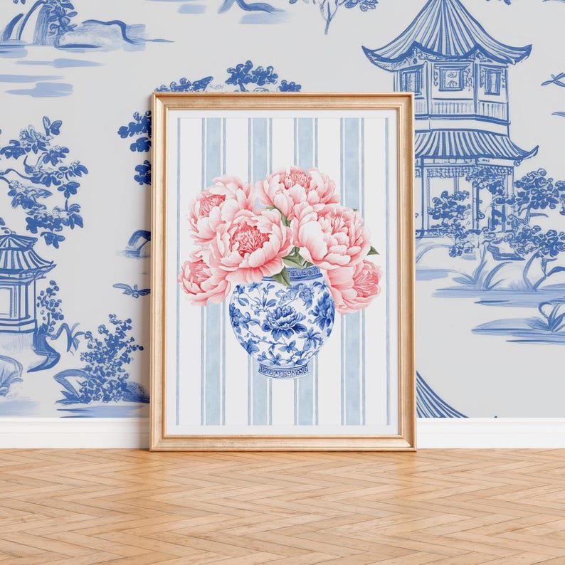 Chinoiserie Wall Art Peonies Botanical Wallpaper Grandmillenial Prints ...