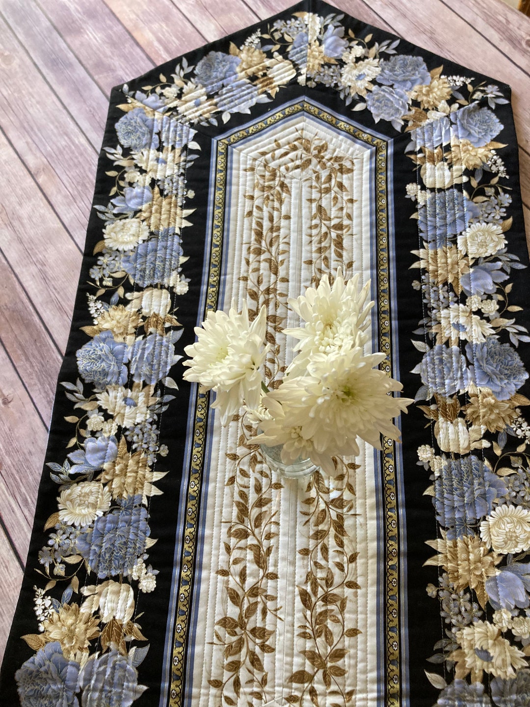 Quilted Table Topper With Influence of Grey, Blue, Black Floral Print ...