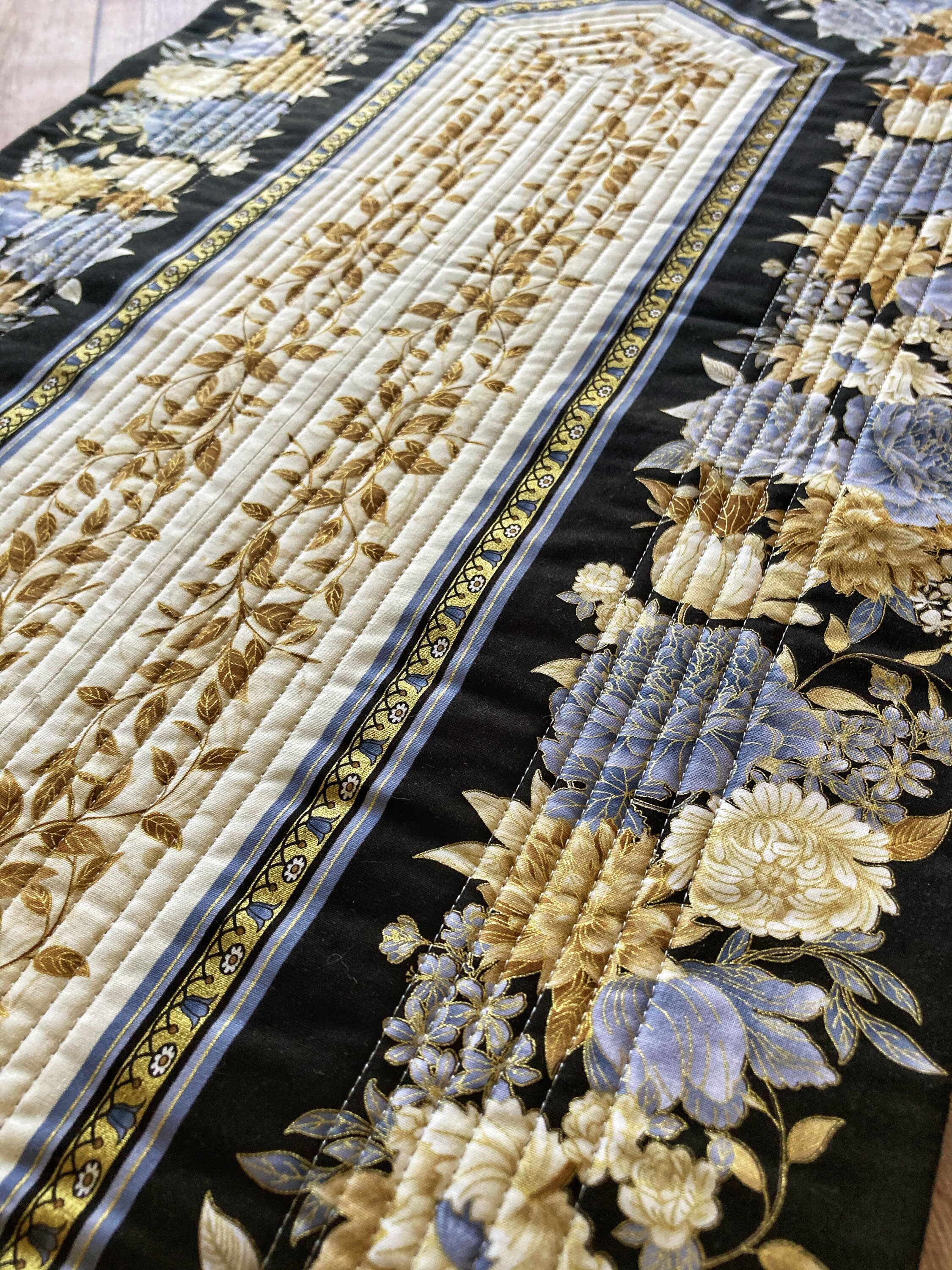 Quilted Table Topper With Influence of Grey, Blue, Black Floral Print ...