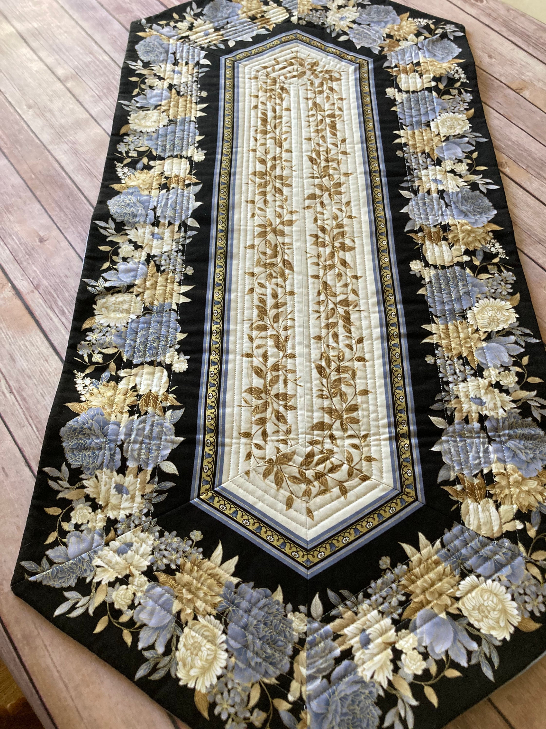 Quilted Table Topper With Influence of Grey, Blue, Black Floral Print ...