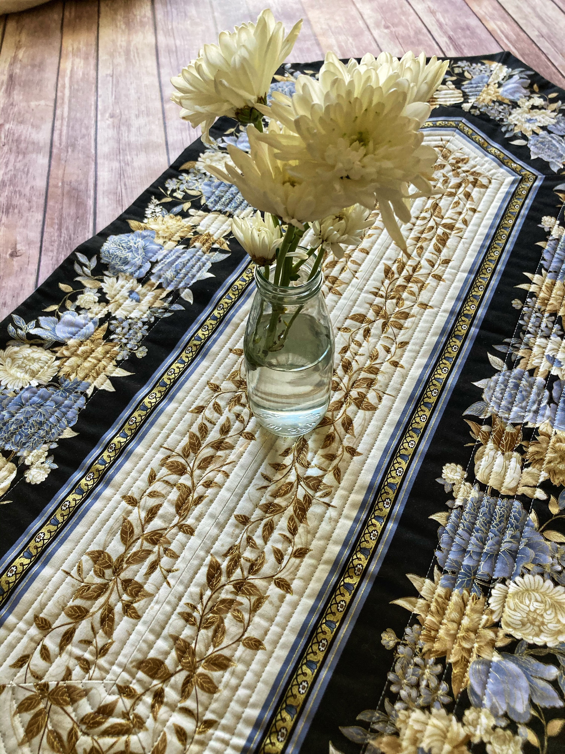 Quilted Table Topper With Influence of Grey, Blue, Black Floral Print ...