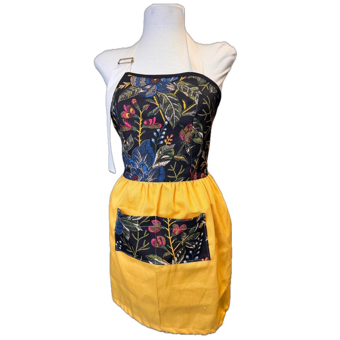 Yellow and Black Floral Fitted Apron, for Women, Straight Style, Made ...