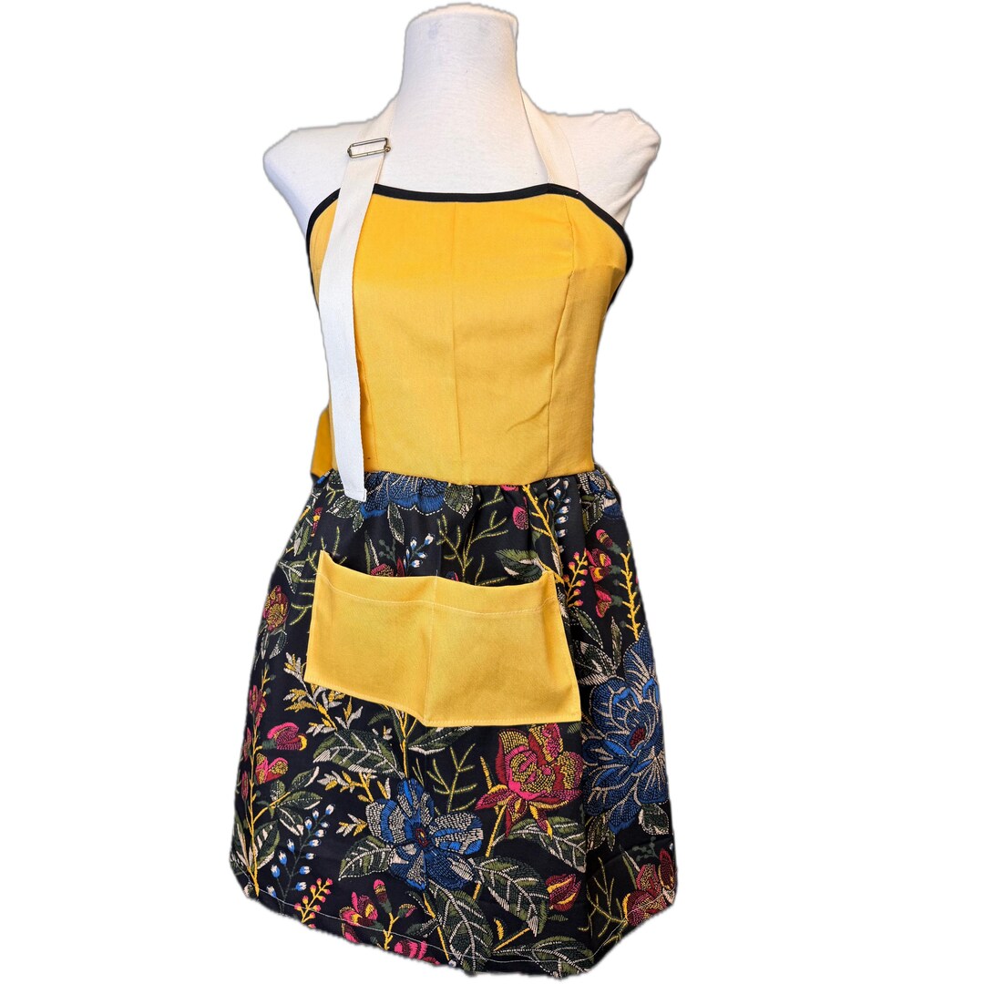 Yellow and Black Floral Fitted Apron, for Women, Straight Style, Made ...