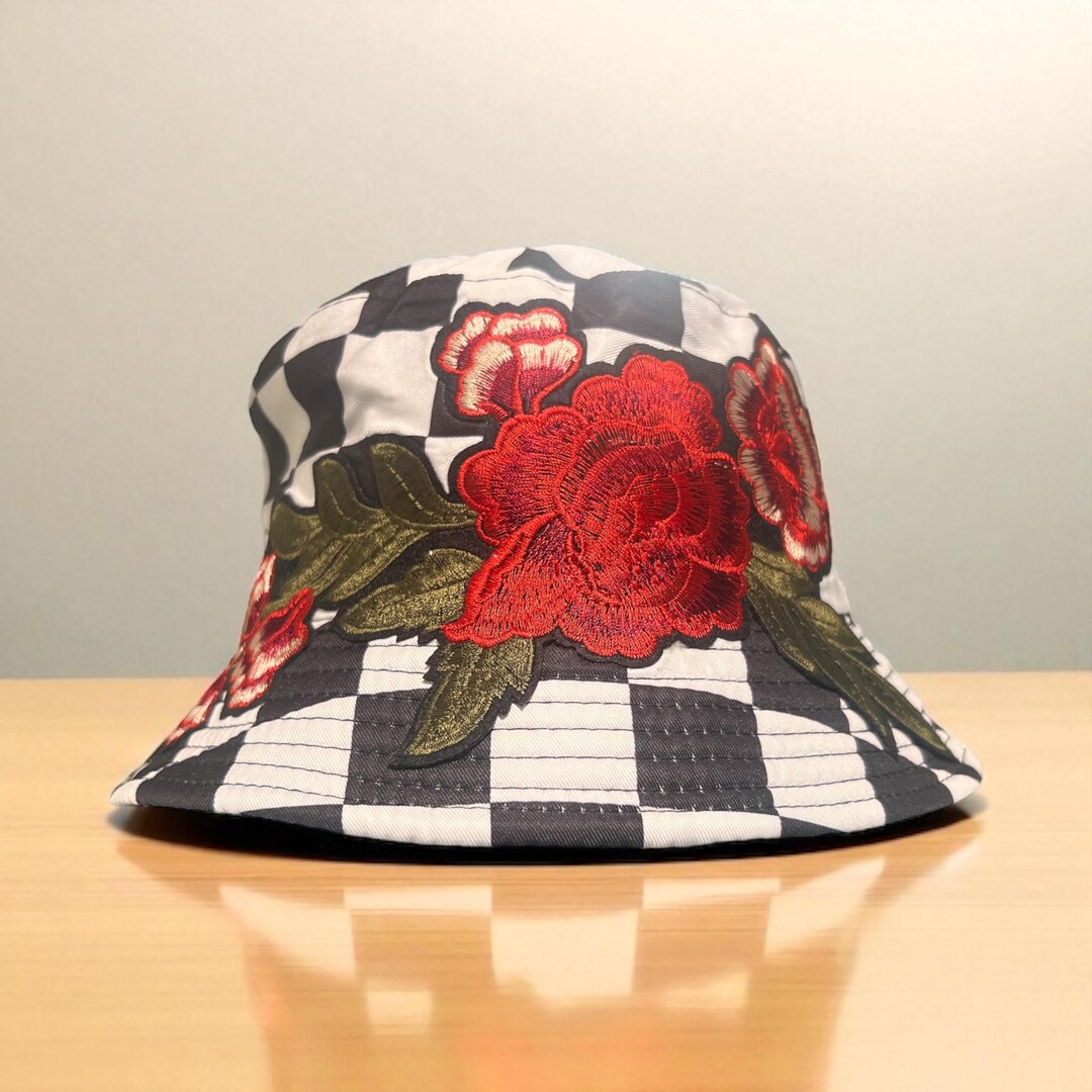 Checkered Bloom Bucket Hat – Black & White Checker Print With Red ...
