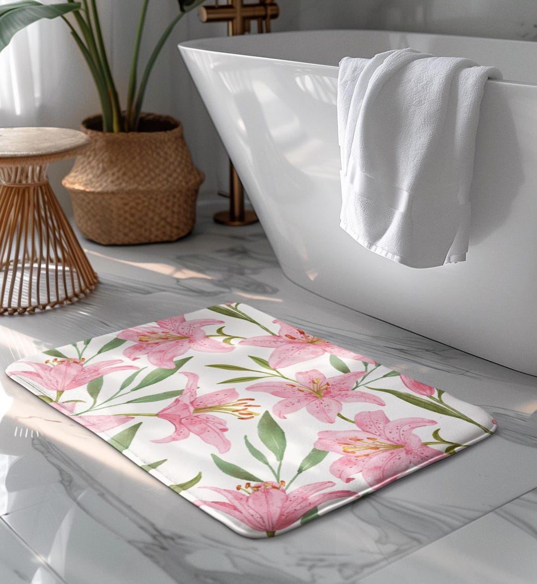 Pink Floral Bath Mat, Bathroom Rug, Flower Bathroom Rug, Flower ...