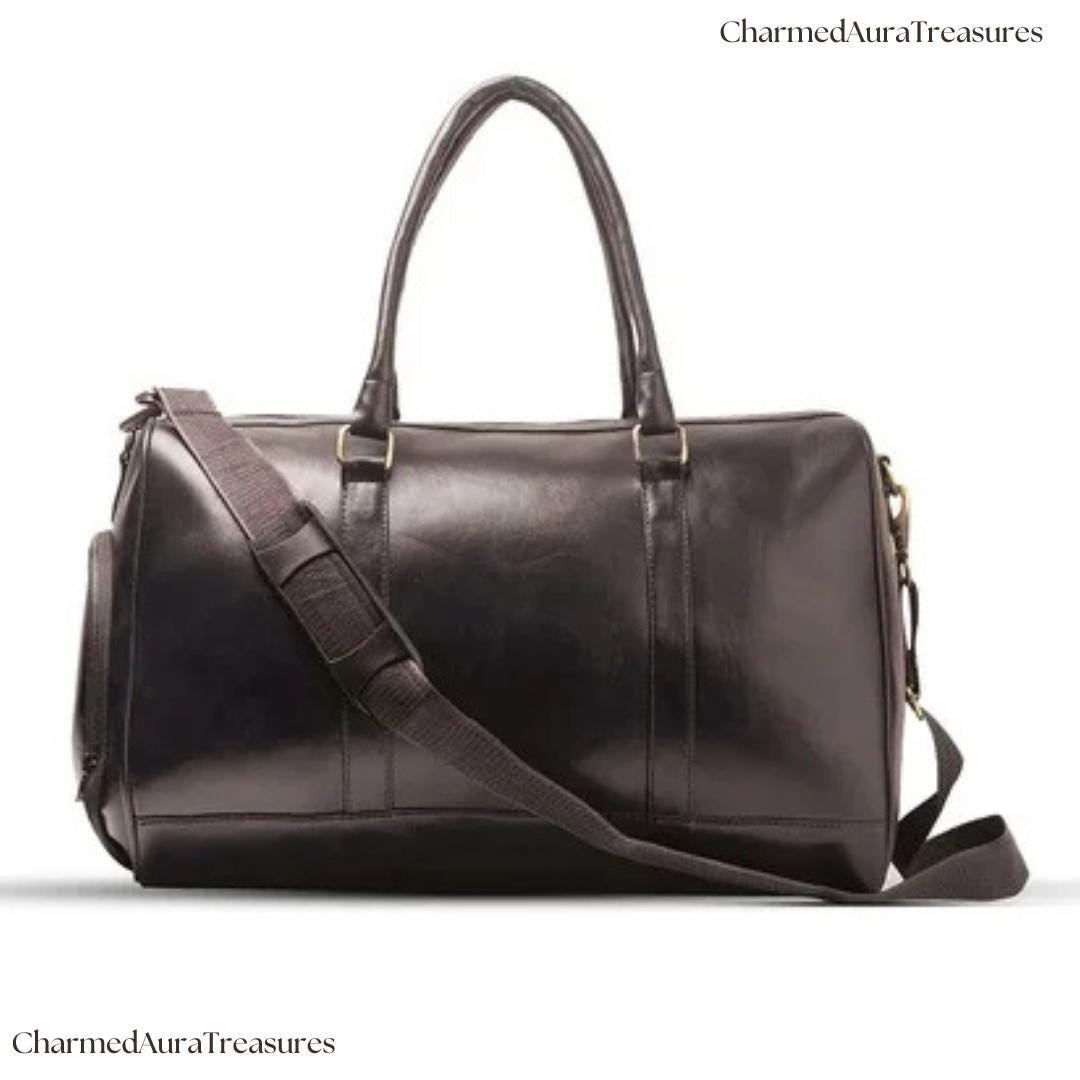 Black Leather Weekender Bag – Personalized Duffle for Men, Large Travel ...