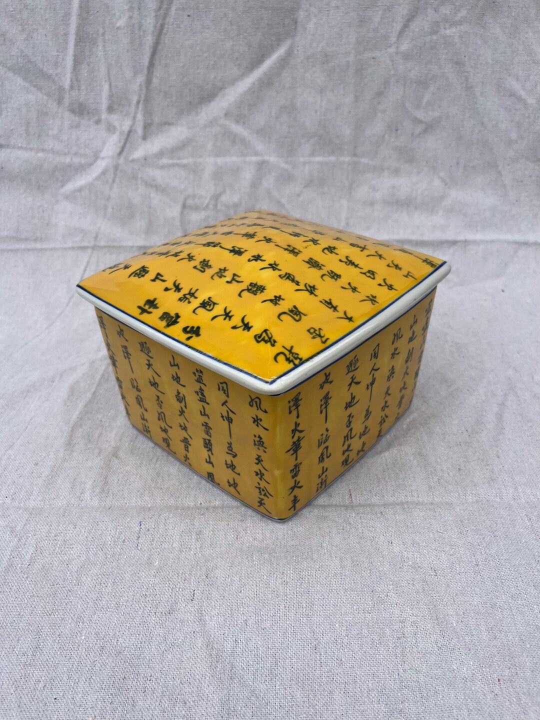 Chinese Ceramic Box Yellow With Blue Calligraphy - Etsy