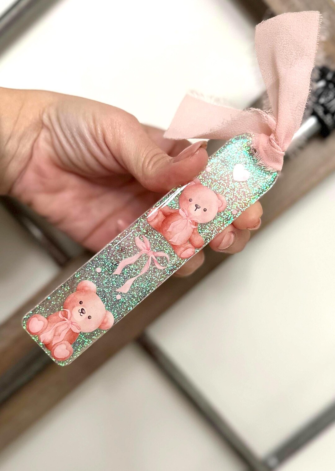 Pink Teddy Bear Glitter Bookmark: Kawaii Resin Ribbon Bookmark - Etsy