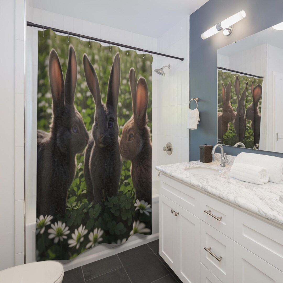 Rabbit Shower Curtain, Bunny Bathroom Decor, Nature Field Floral Design ...