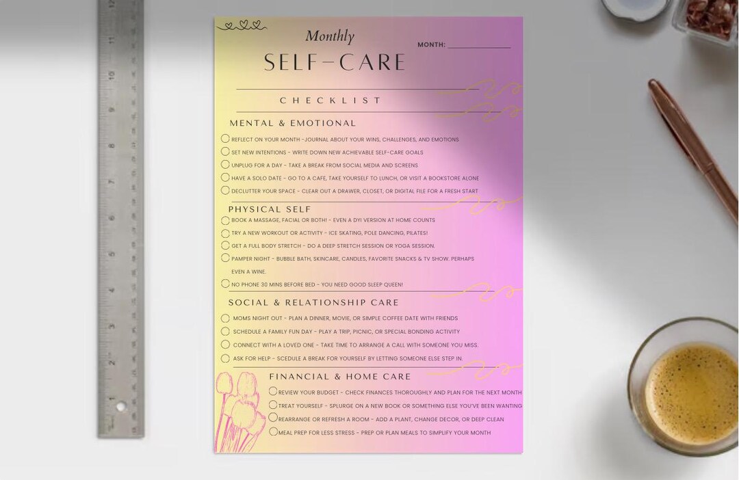 Monthly Self-care Checklist for Moms & Women - Etsy