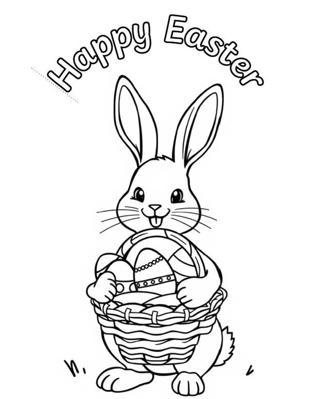Happy Easter Colouring Page - Easter Bunny With A Basket - Etsy
