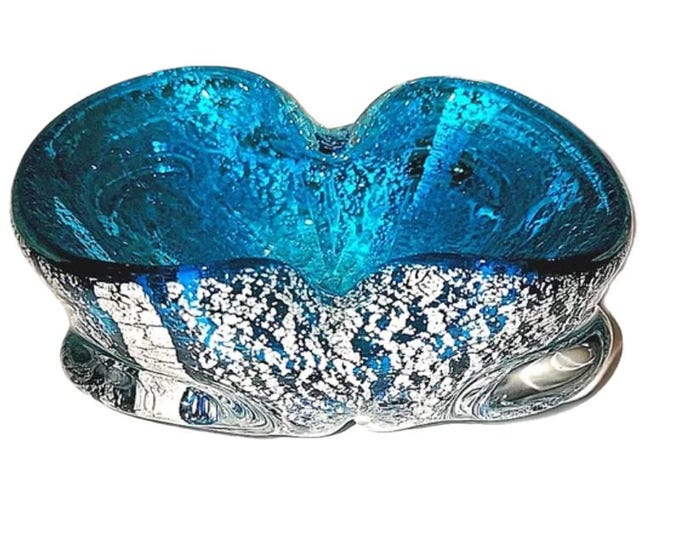 60s Murano Style Hand Blown Glass Trinket or Ashtray Bowl, Aqua Blue ...