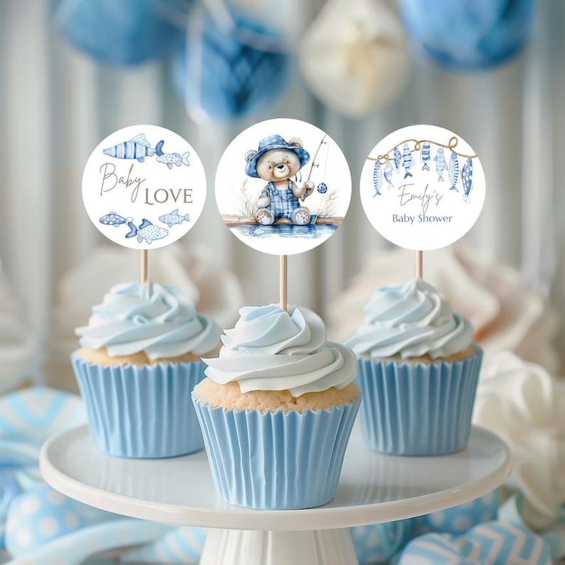 Cupcake Toppers Templates | Little Fisherman Blue Baby Shower Party ...