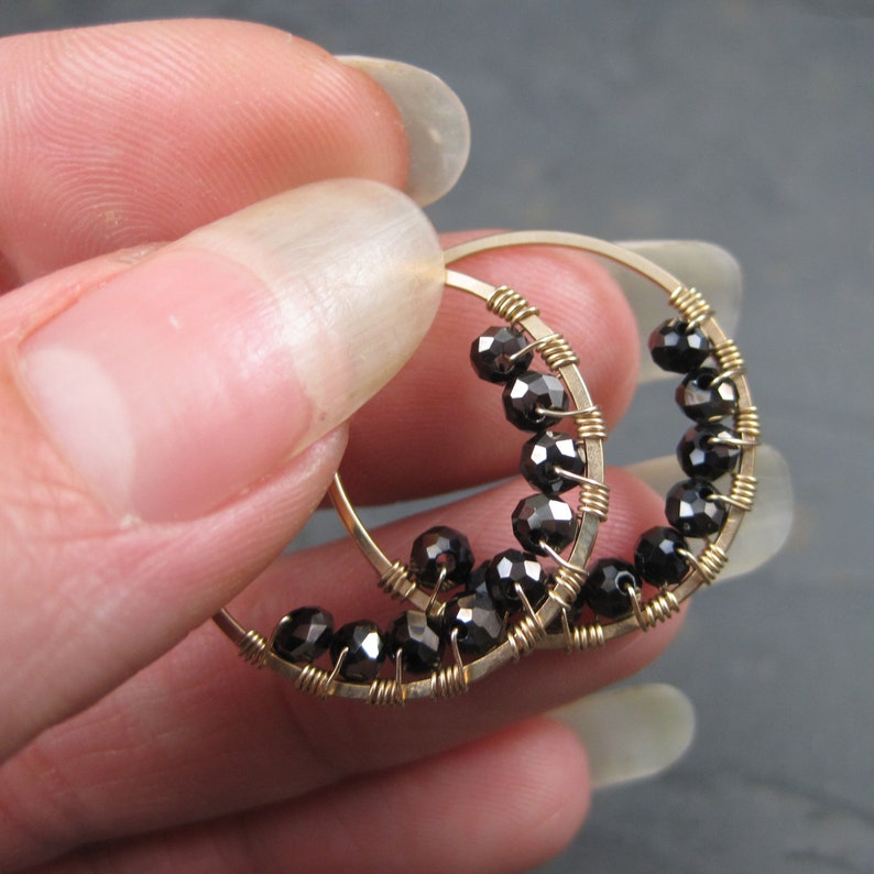 14kt Gold Filled Hoops Wire Wrapped Black Crystal Black and Gold Hoop ...