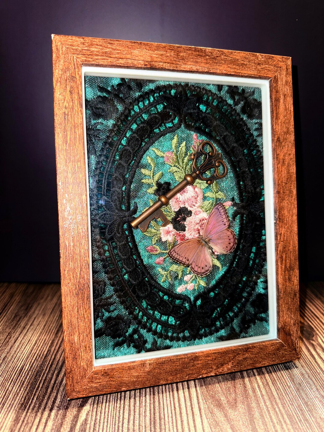 Framed Crenis Pechueli Pink Purple Butterfly on Green and Black Lace ...