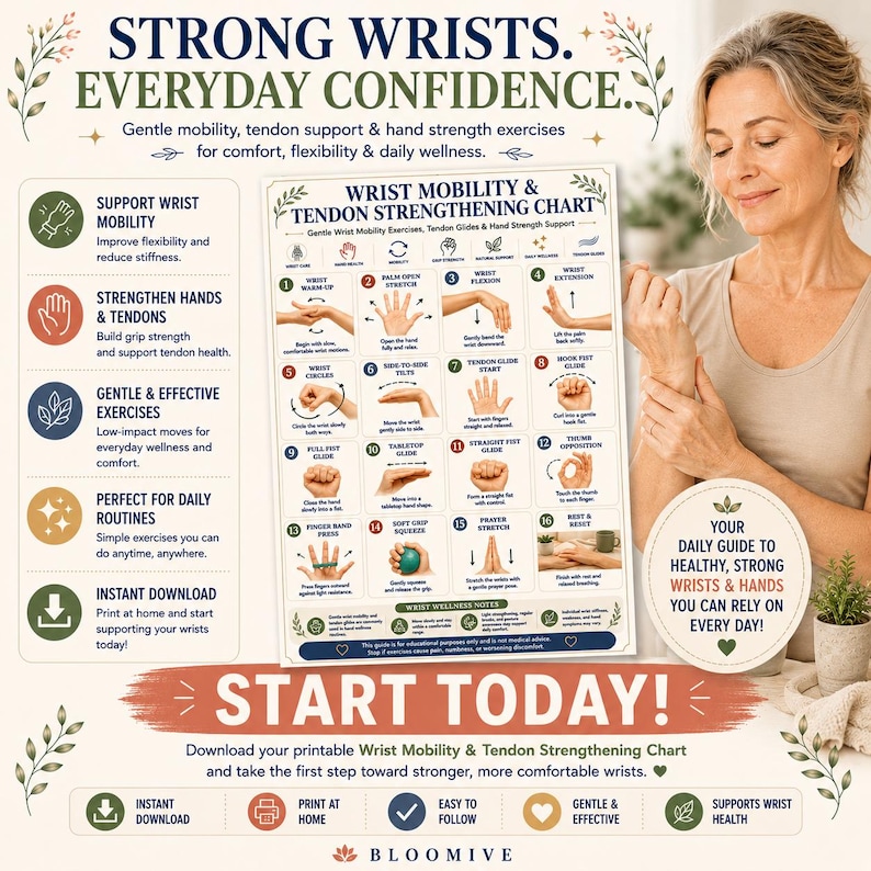 Wrist Mobility & Tendon Strengthening Chart Printable, Hand Exercise ...