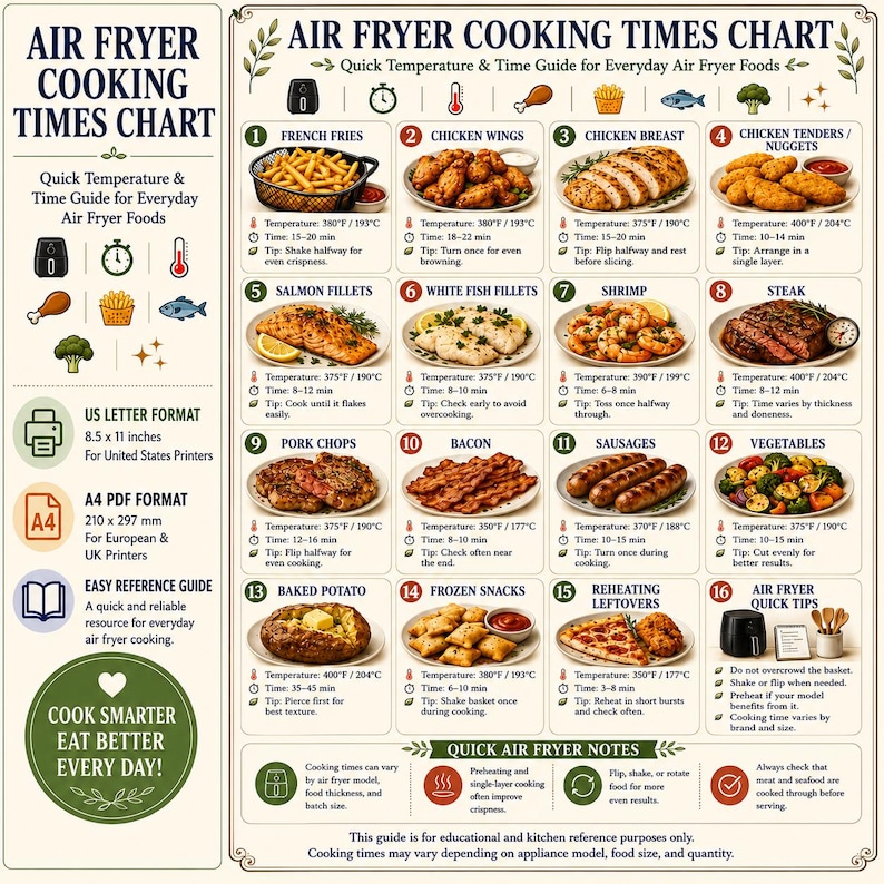 Air Fryer Cooking Times Chart Printable, Air Fryer Cheat Sheet PDF ...