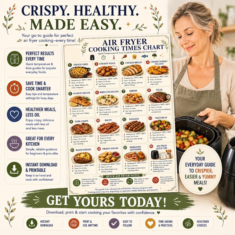 Air Fryer Cooking Times Chart Printable, Air Fryer Cheat Sheet PDF ...