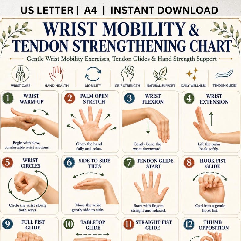 Wrist Mobility & Tendon Strengthening Chart Printable, Hand Exercise ...
