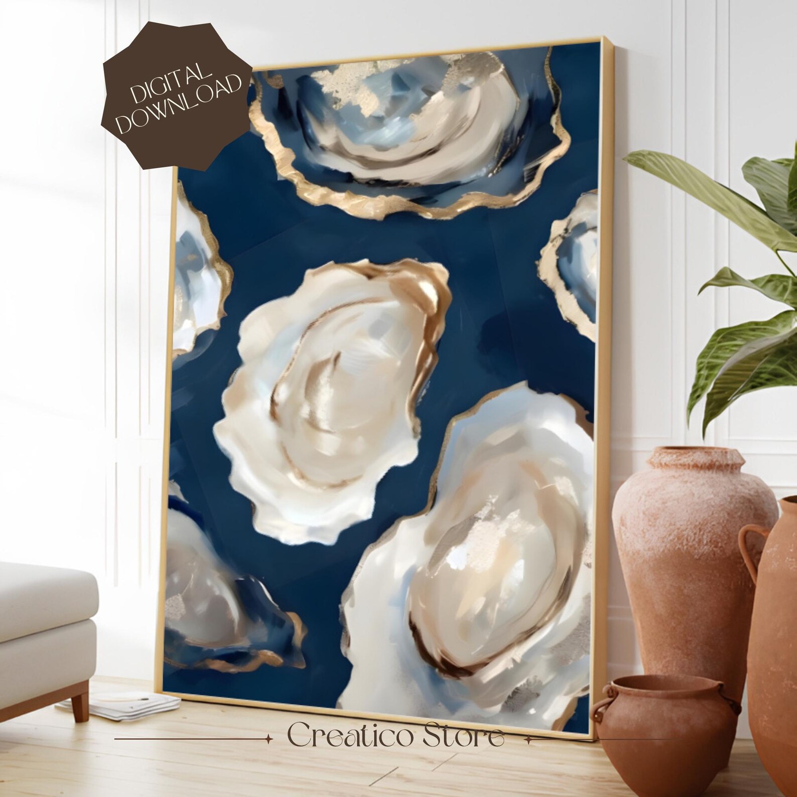 Oyster Shell Beachy Wall Art – Coastal Oil Painting Style With Gold ...